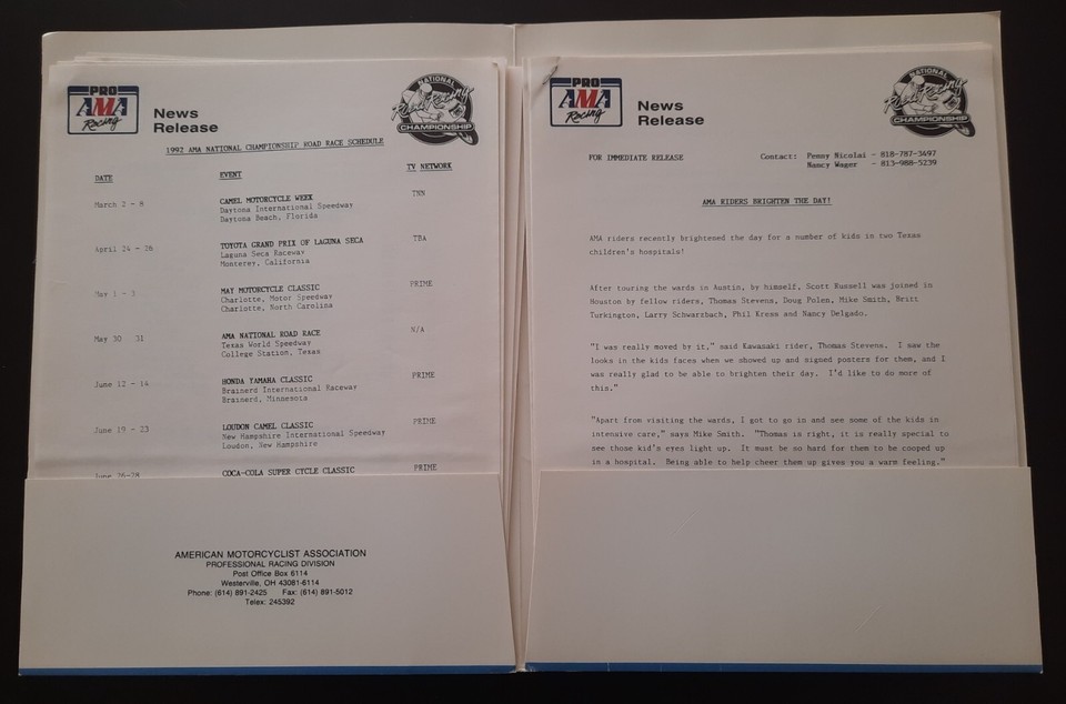 Vintage Press Kit 1992 AMA Championship Road Racing Superbike 250 Grand ...