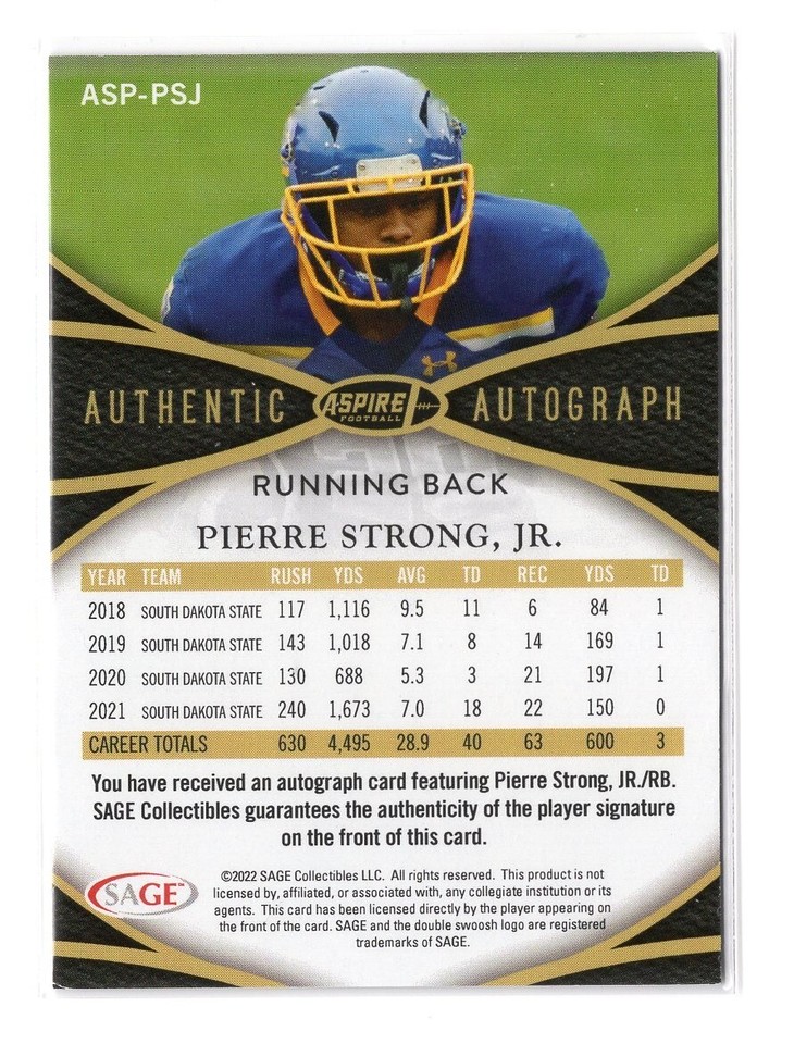 Football Card - 2022 Pierre Strong Jr ASP-PSJ Auto - South Dakota ...