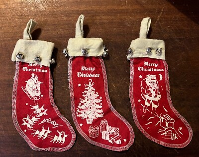 3 Vintage Style Red Felt Merry Christmas stockings Jingle Bells Santa ...