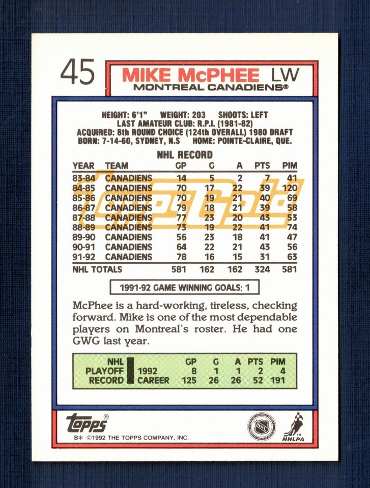1992-93 Topps Gold Mike McPhee #45 Montreal Canadiens MINT | eBay