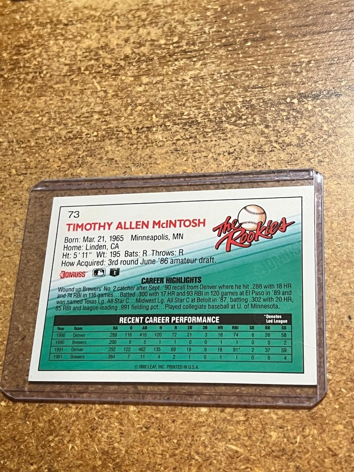 1992 Donruss Baseball The Rookies # 73 Tim McIntosh RC | eBay