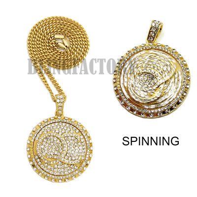 Iced QC Spinning Medal Bling Pendant & 24" Box Cuban Rope Chain Hip Hop ...