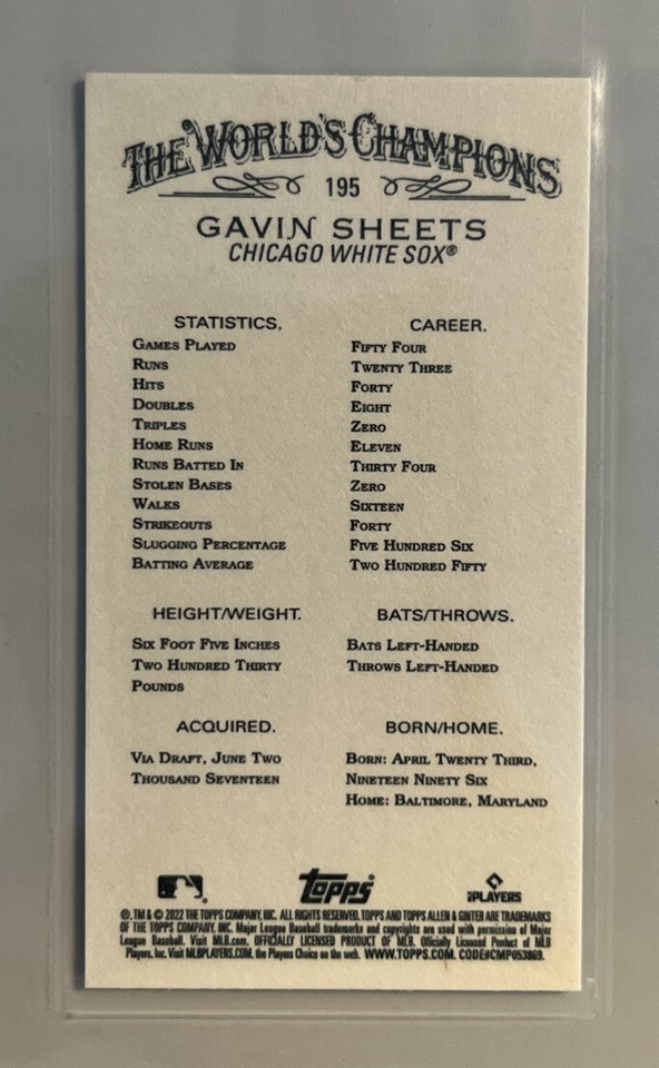 Gavin Sheets 2022 Allen and Ginter Base Mini Black Border #195 Chicago ...