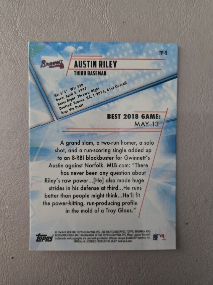 Austin Riley 2018 Bowman's Best Prospect #TP-5 Atlanta Braves Rookie | eBay
