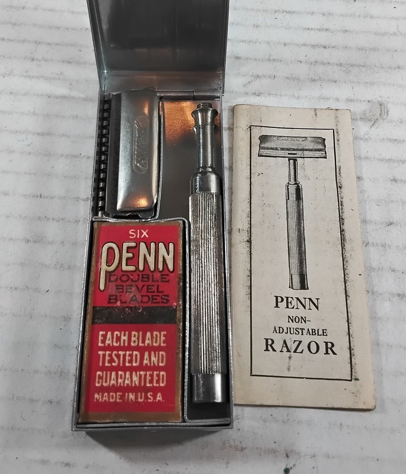 Penn e Safety Razor set, w/ Razor, BLADE IN FANCY ALLUMIUM CASE | eBay