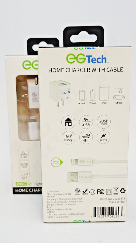 2 EGTech Dual USB Port Home Charger Adapter & 4ft Charging Cable for ...