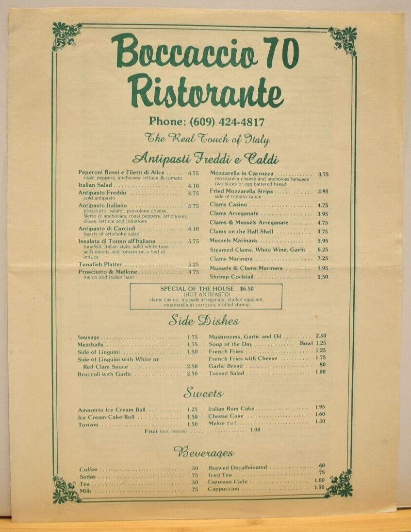1980s Boccaccio 70 Ristorante South Italian Restaurant Menu Camden New ...
