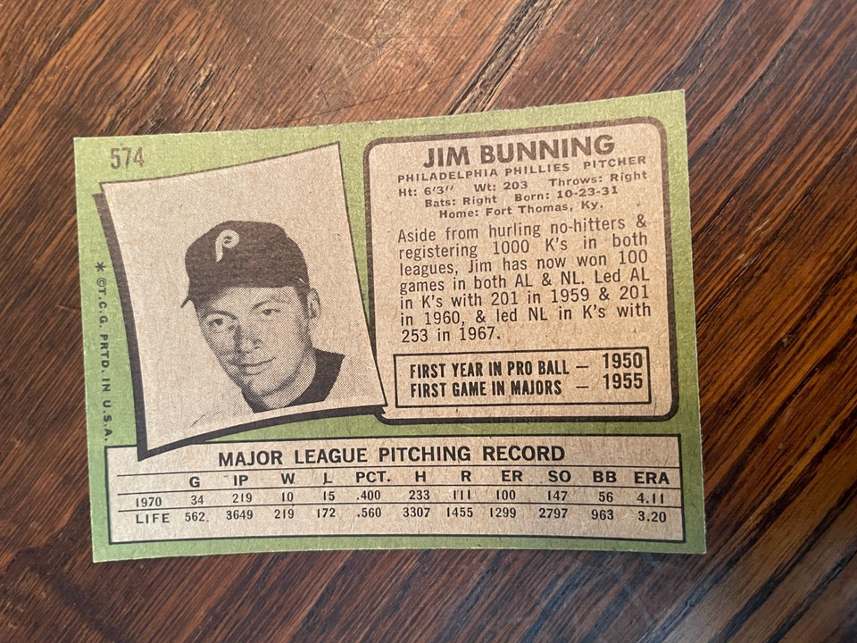 1971 TOPPS #574 JIM BUNNING PHILADELPHIA PHILLIES BASEBALL CARD NM/MT ...