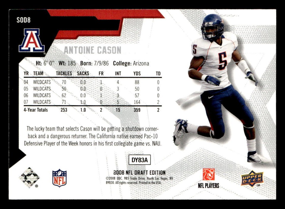 Antoine Cason 2008 Upper Deck Draft Edition Card #SOD8 Arizona Wildcats ...