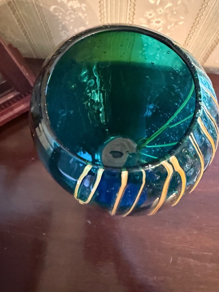 hand blown art glass green control bubble yellow stringing vase | eBay UK