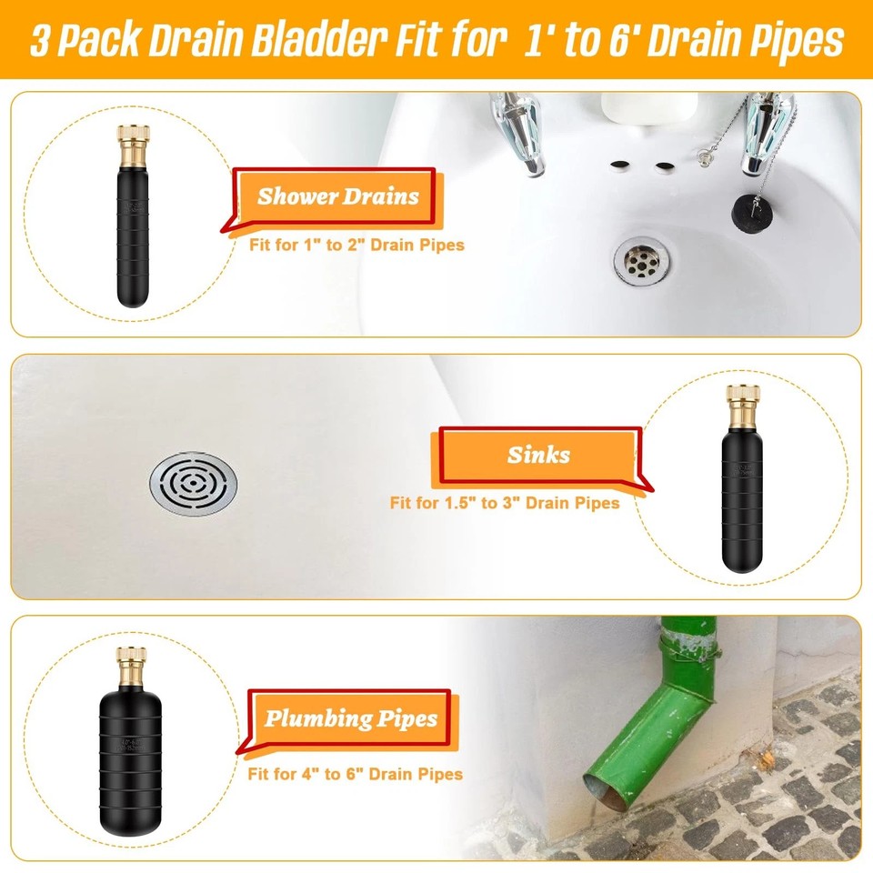 3 Pack Drain Bladder Fits 1" to 6" Drain Pipe, Drain Cleaning Bladders ...