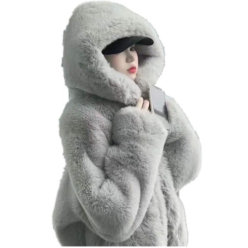 Women's Faux Rex Rabbit Fur Hooded Mid Long Coat Jacket Winter Parka ...