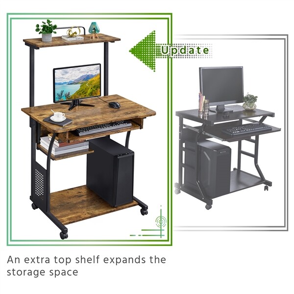 3 Tier Rolling Computer Desk w/Printer Shelf Keyboard Tray Rustic ...