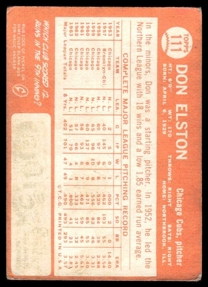 1964 Topps Don Elston #111 Chicago Cubs Baseball Card | eBay