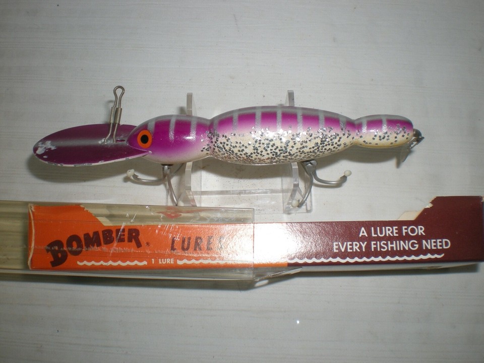 Vintage Bomber Water Dog Lure ~5.5" w Box, paper - PURP BK / YLW BELLY ...