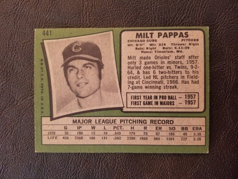 MILT PAPPAS 1971 TOPPS BASEBALL CARD #441 CHICAGO CUBS | eBay