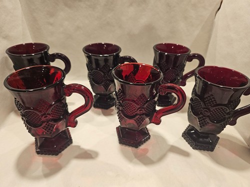 Avon Cape Cod Ornate Dark Ruby Red Glass Footed Coffee Mugs 5"- Set of ...