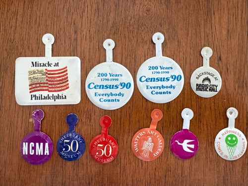 Vintage set of 10 metal folder badges pins radio city ice cream census ...