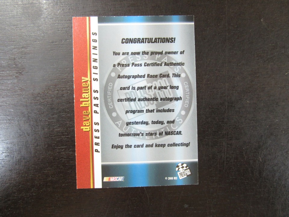 2000 Press Pass Signings Dave Blaney Autograph Signed Card (CR) | eBay