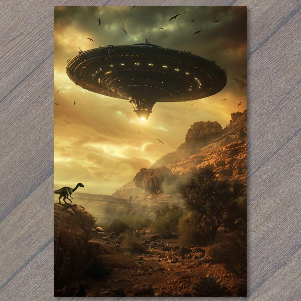 POSTCARD UFO Dinosaur Alien Flying Saucer T Rex Weird Unusual Strange ...