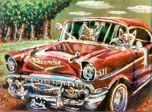 Jacob Landis Limited edition ACEO print /250 old car cat "Driving the ...