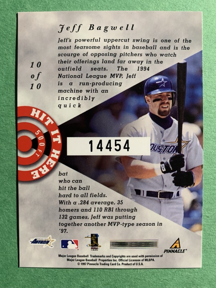JEFF BAGWELL / ASTROS / 1997 PINNACLE "HIT IT HERE" INSERT #10 /SERIAL ...