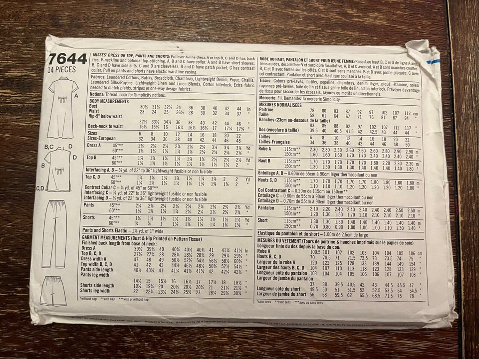 Simplicity 7644 UNCUT Sewing Pattern, Misses Dress, Top, Pants, Size P ...