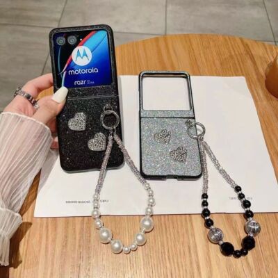 Glitter Heart Luxury Pearl Chain Case For motorola Moto Razr 40 Ultra ...