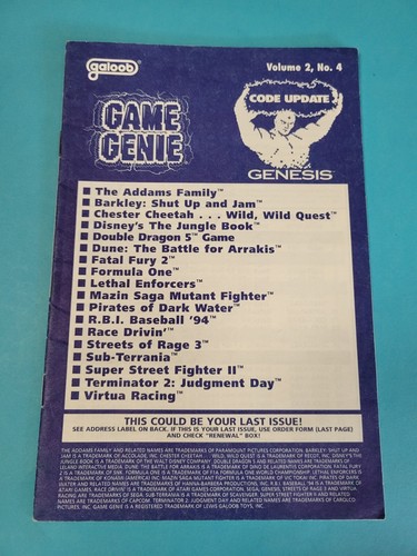 Game Genie Code Update Volume 2, No 4 Manual SEGA Genesis Book Galoob ...
