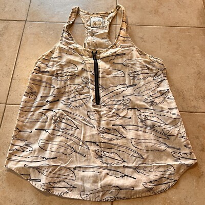 Sound & Matter Feather Pattern Cream Racerback Tank Top, Zipper Front ...