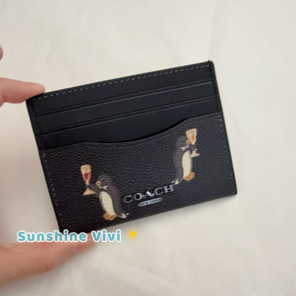 NWT Coach Slim Id Card Case With Penguin Print CCP96 Black Multi | eBay