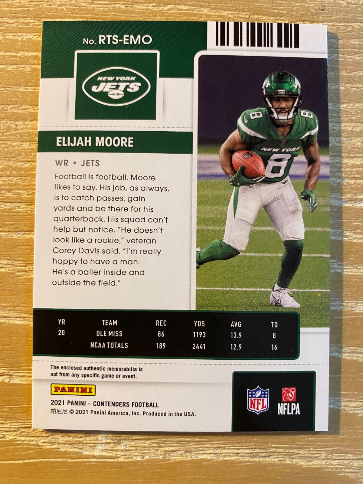 2021 Contenders #RTS-EMO Elijah Moore Rc Jersey Variation Jets Rookie ...