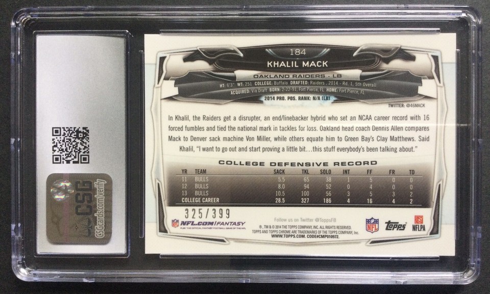 2014 Topps Chrome Khalil Mack Pink Refractor /399 CSG 9.5 Mint+ Rookie ...