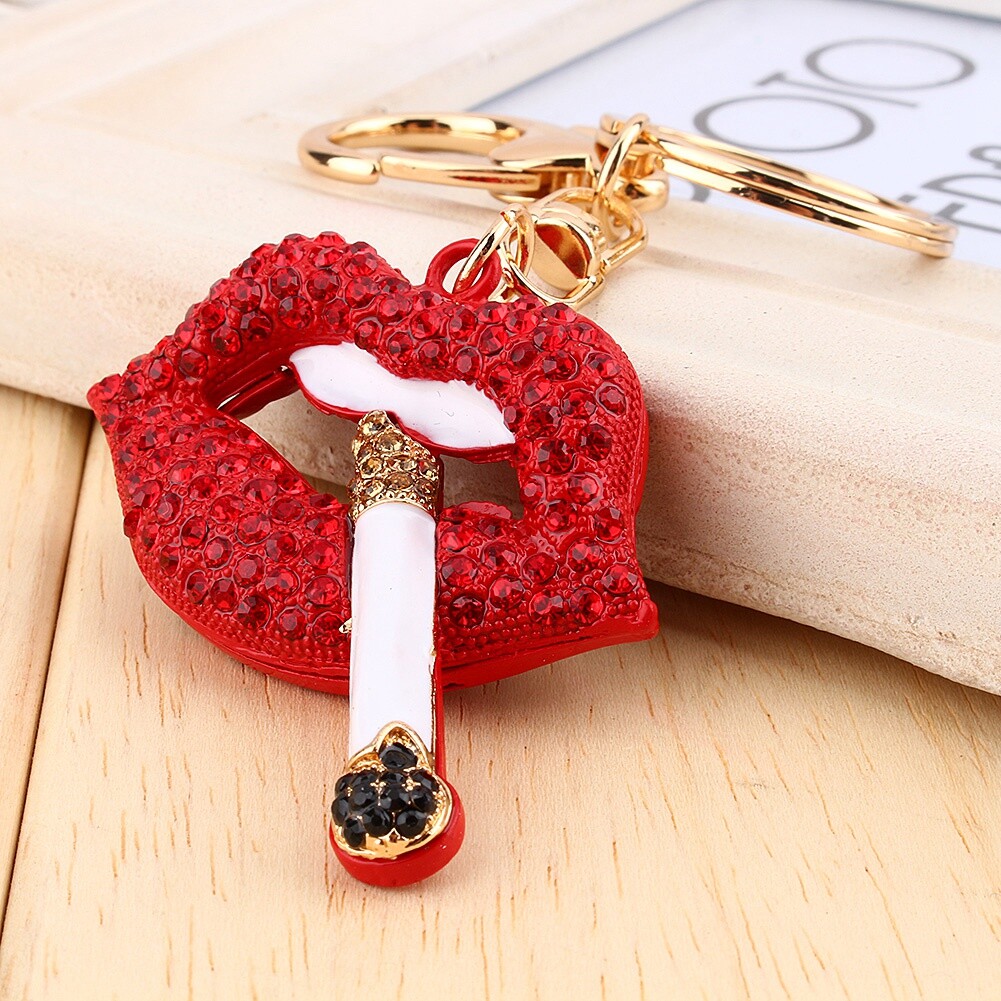 New Cool Smoking Red Lips Keyring Rhinestone Crystal Pendant Key Chain ...