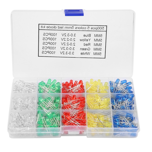 500pcs 5mm LED Light Red Yellow Blue Green White Assortment Diodes Kit ...
