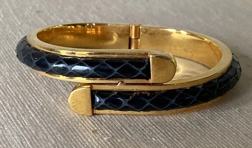 Vintage SNAKE Skin Scale Reptile WRAP BRACELET Black Bangle Gold Tone ...