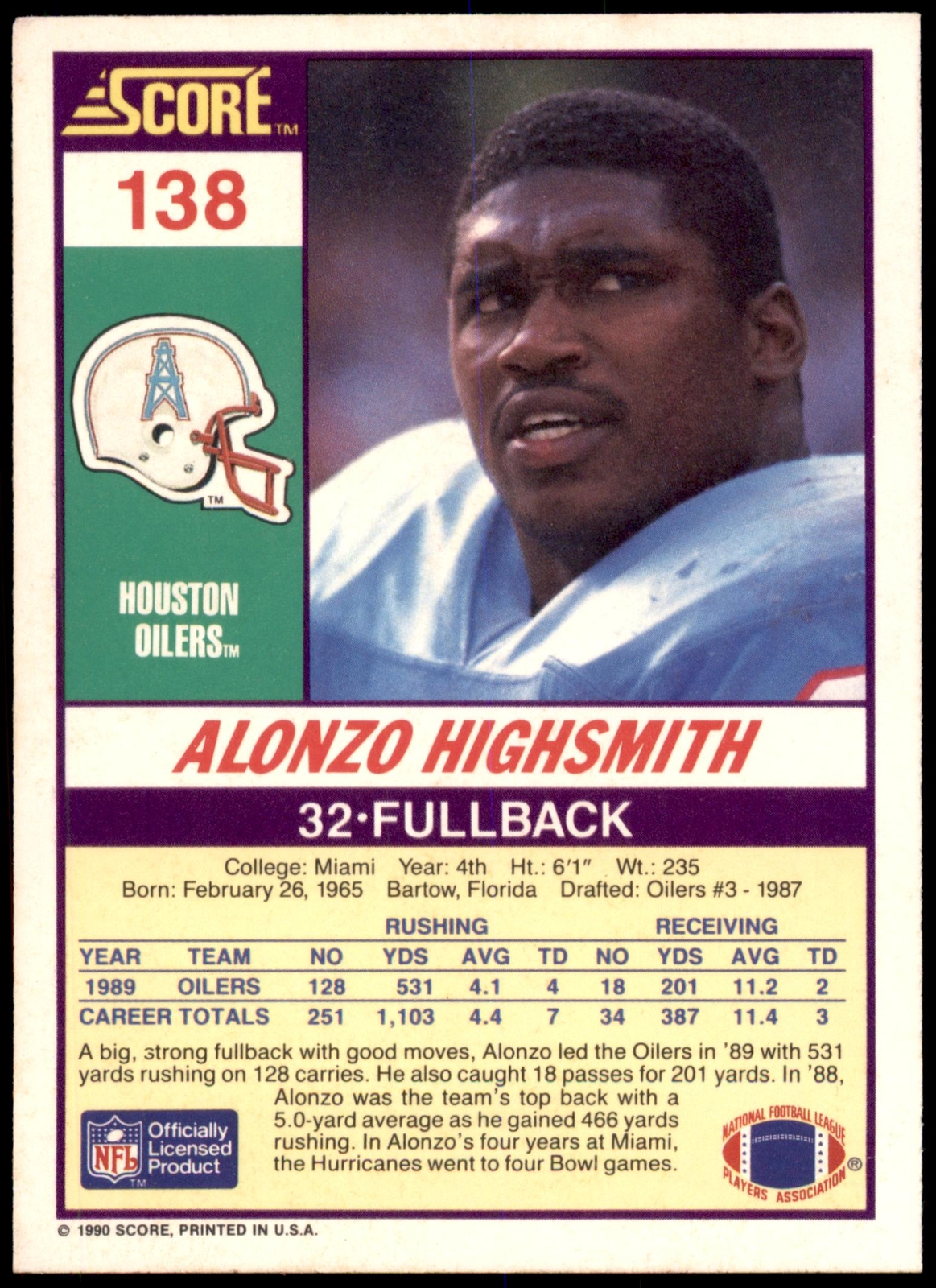 1990 Score - #138 Alonzo Highsmith, Alonzo Highsmith for sale online | eBay
