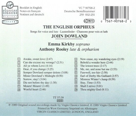 Dowland The English Orpheus EMMA KIRKBY ANTHONY ROOLEY Virgin Classics ...