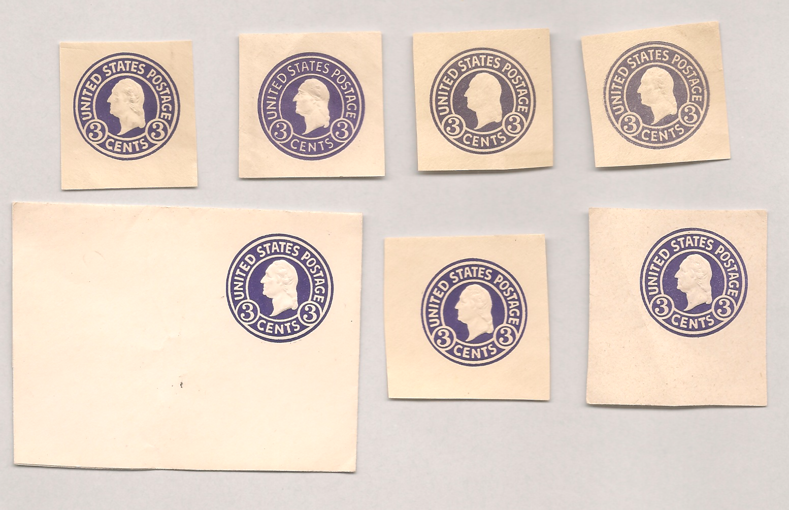 Lot of (7)..1932 US Embossed 3 cent Stamp Square Cut..Washington..U439 ...