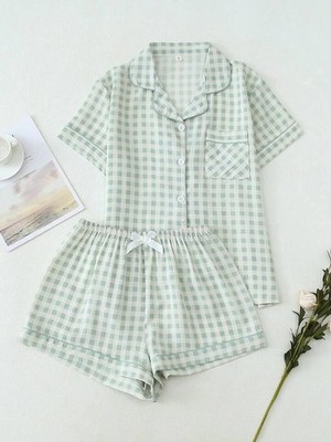 2PCS Blue Plaid Pajama Set Comfortable Cute Sleepwear Lounge Outfit ...