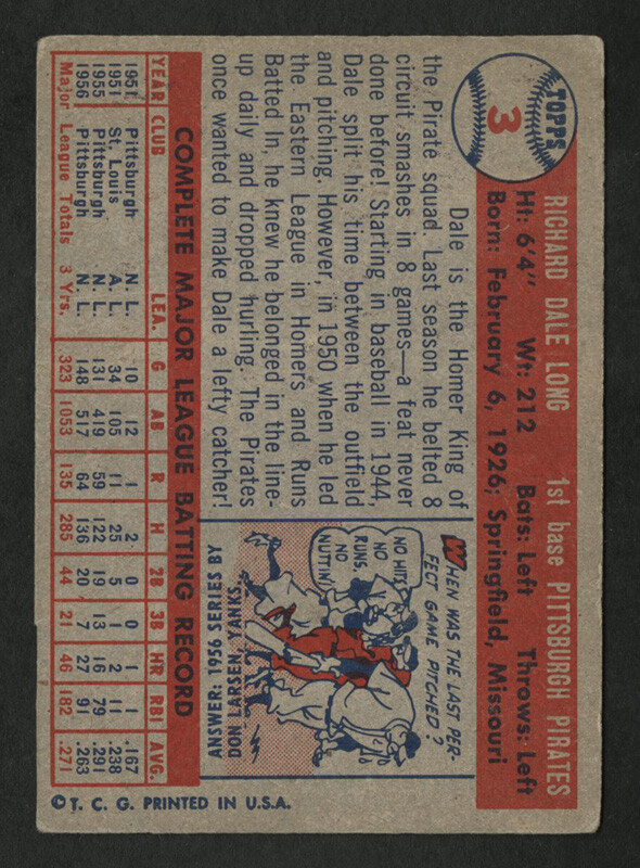 1957 TOPPS #3 DALE LONG AUTOGRAPHED GEM MINT 10 SIGNED CARD PITTSBURGH ...