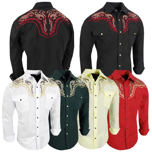 Mens Country Western Shirt Floral Tribal Embroidery Cowboy Rodeo Dress ...
