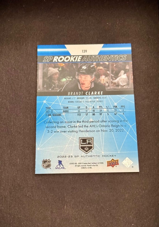 Brandt Clarke 2022-23 SP Hockey (#139) Blue SP Rookie Authentic (RC) | eBay