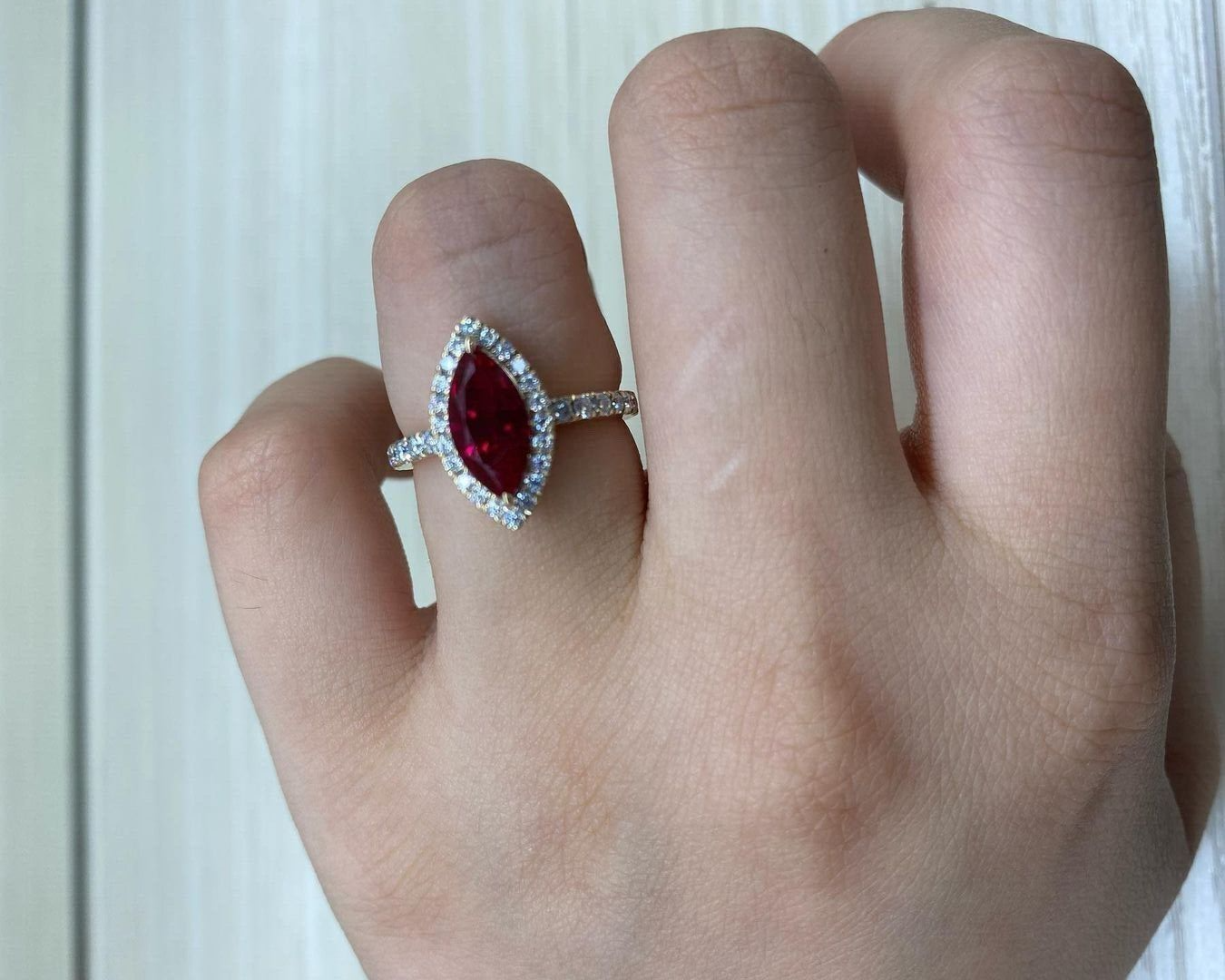 Fancy Red Marquise Cut Cubic Zirconia Halo 925 Sterling Silver Wedding ...