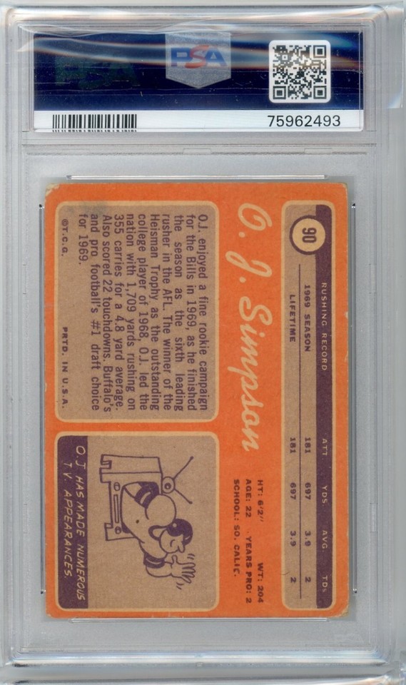 O.J. Simpson 1970 Topps Rookie #90 Autograph HOF 85 Inscription PSA 1 ...