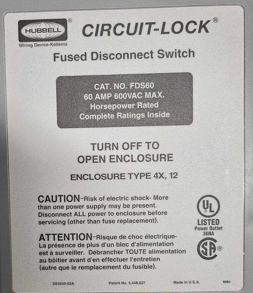 HUBBELL CIRCUIT-LOCK FDS60 , ENCLOSED FUSIBLE SWITCH , 60A , 600 VAC | eBay