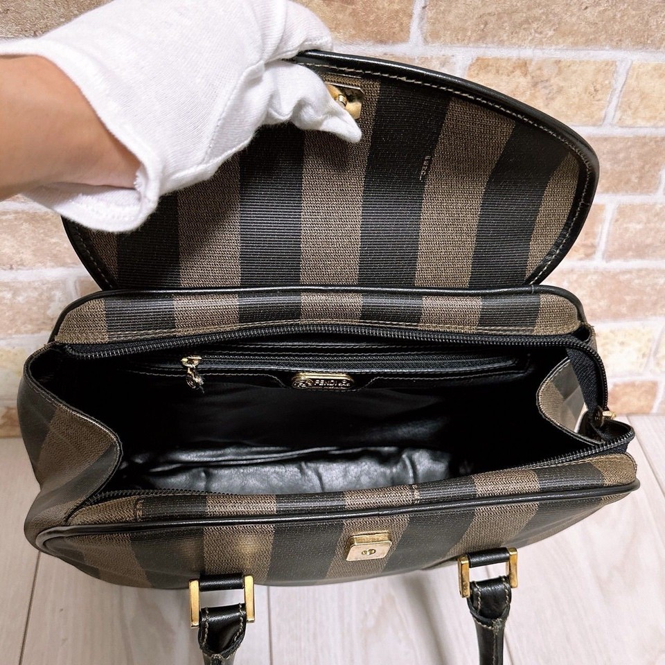 Fendi Vintage Pecan Hand bag Stripe Brown Leather PVC Magnetic Flap ...
