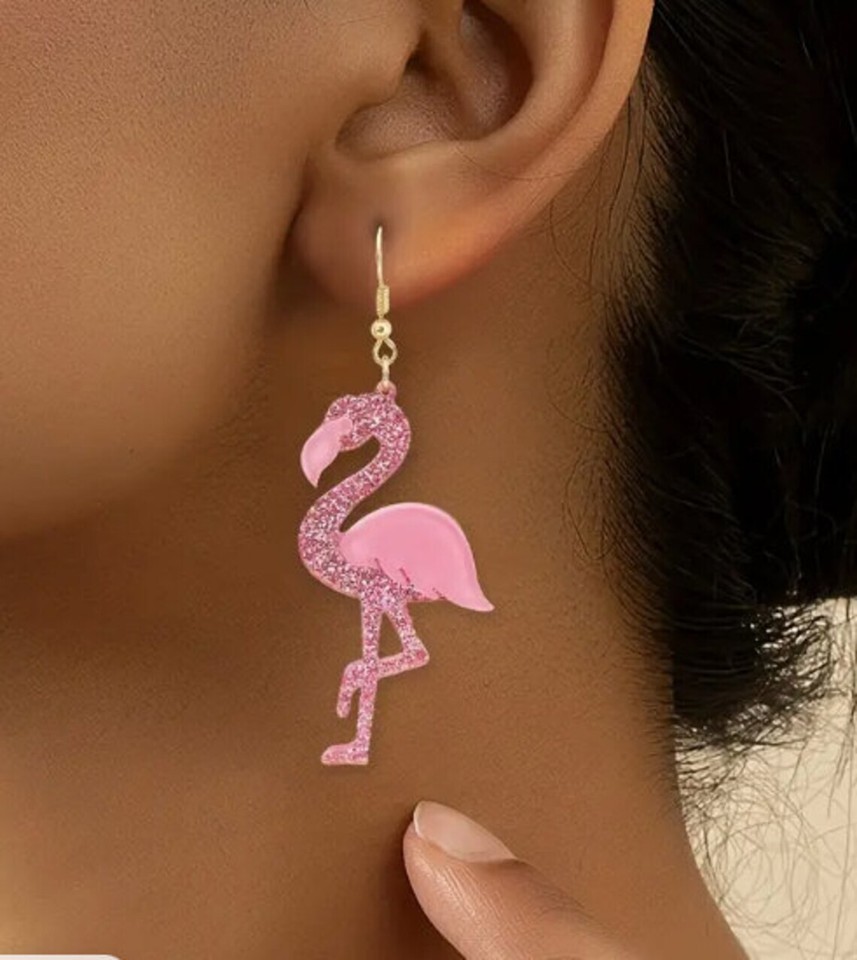 3.15" Pink Acrylic Sparkly Glitter FLAMINGO Dangle Gold Hooks Earrings ...