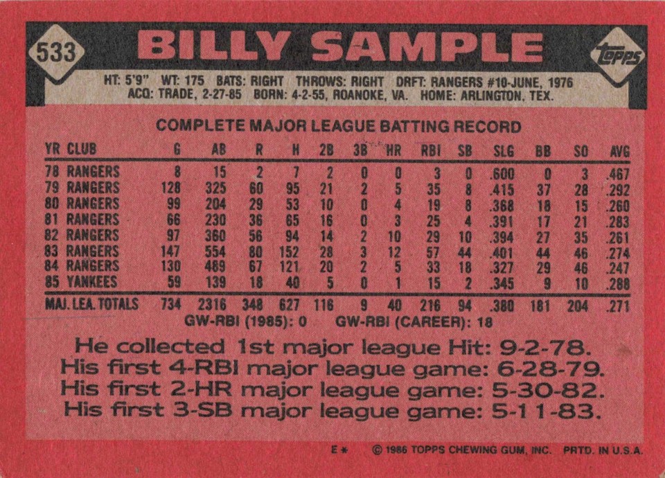 Billy Sample New York Yankees 1986 Topps Baseball Card # 533 | eBay