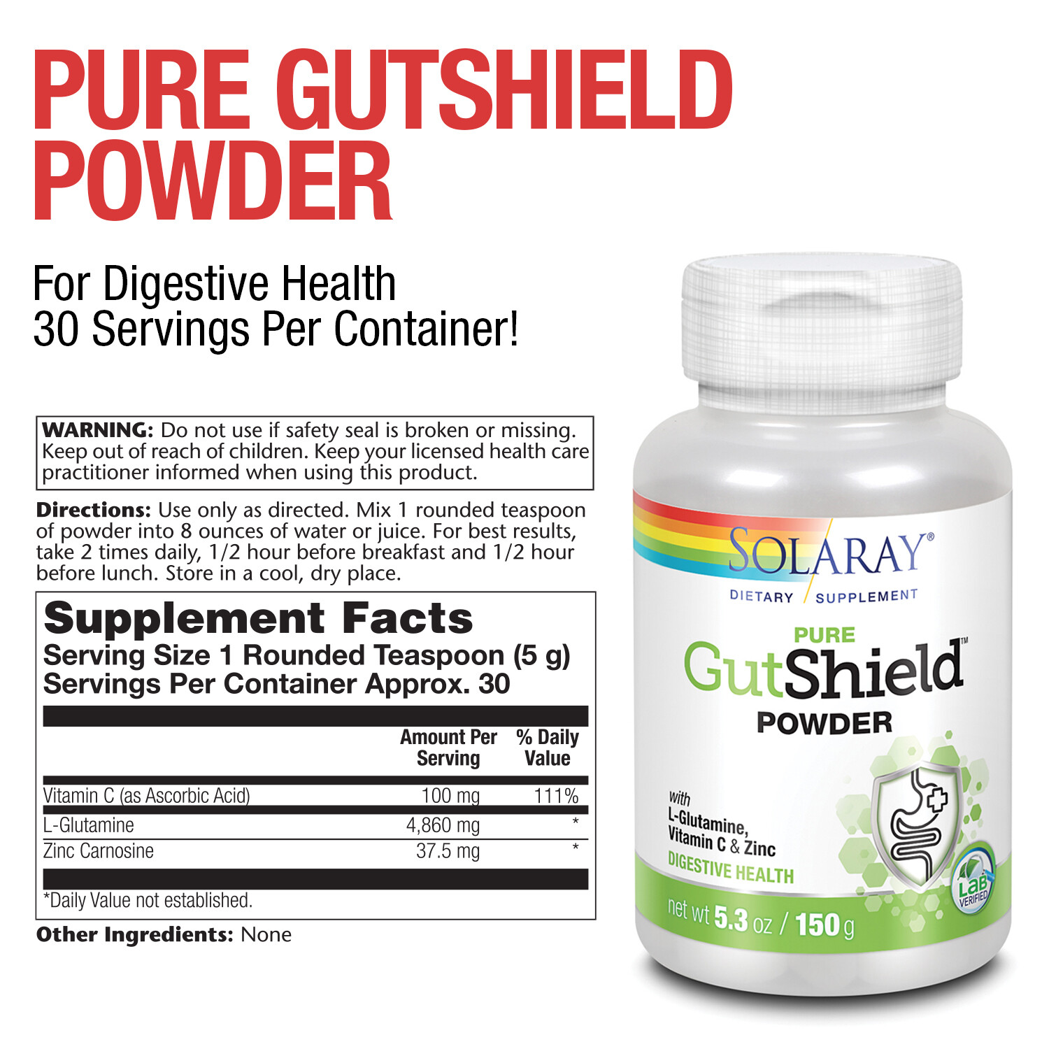 Solaray Pure GutShield Powder | Digestive Gut Health Support | 150g, 30 ...